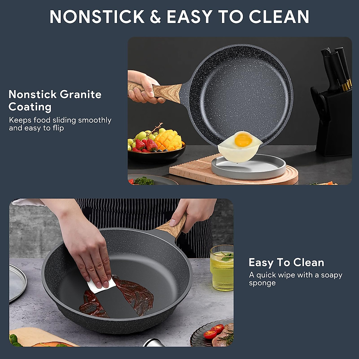 ITSMILLERS Non-stick 3 Pcs Die-cast Deep Frying Pan Set Skillet Set Egg Omelette Pan, Induction Bottom with Silicone Spatula, PFOA Free