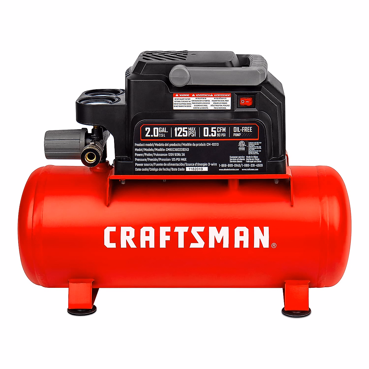 Craftsman Air Tools, 2 Gallon Portable Air Compressor 1/3 HP Oil-Free Max 125 PSI Pressure, Hot Dog, Model: CMXECXA0200243
