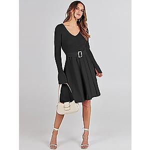 ANRABESS Sweater Dress for Women 2023 Fall Fashion Long Sleeve V Neck Tie Waist A-Line Pleated Swing Sexy Elegant Ribbed Knit Midi Formal Wedding Guest Dresses 1195heise-M Black