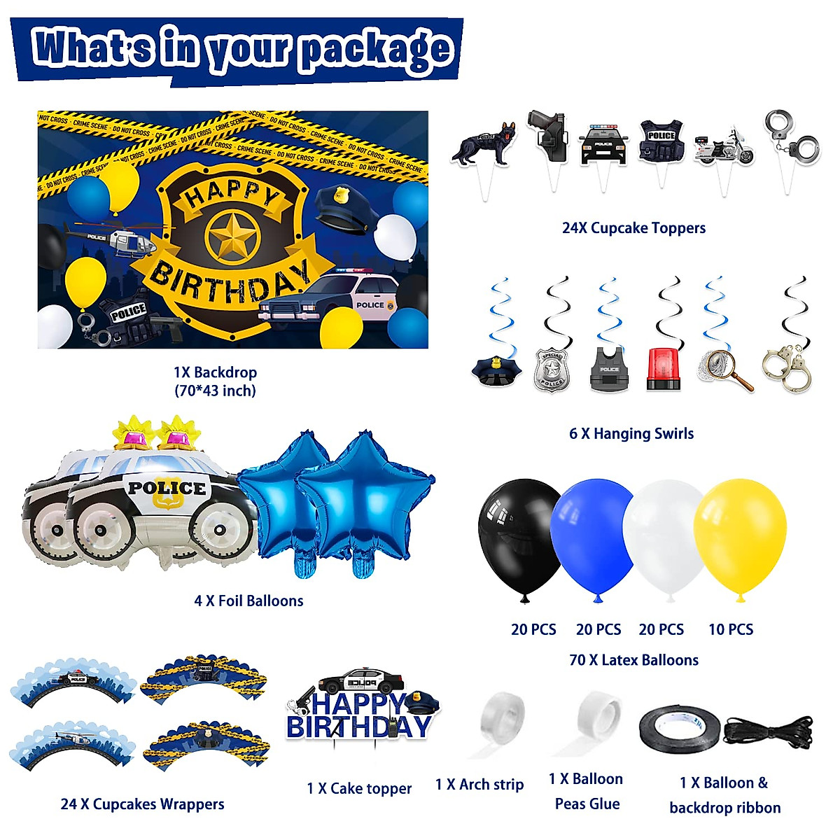 LXlucktim Police Birthday Party Supplies, 159 Pcs Police Cars Party Decorations for Girl Boy Baby - Backdrop, Cake, and Cupcake Toppers, Balloons, Cupcakes Wrappers, Hanging Swirls