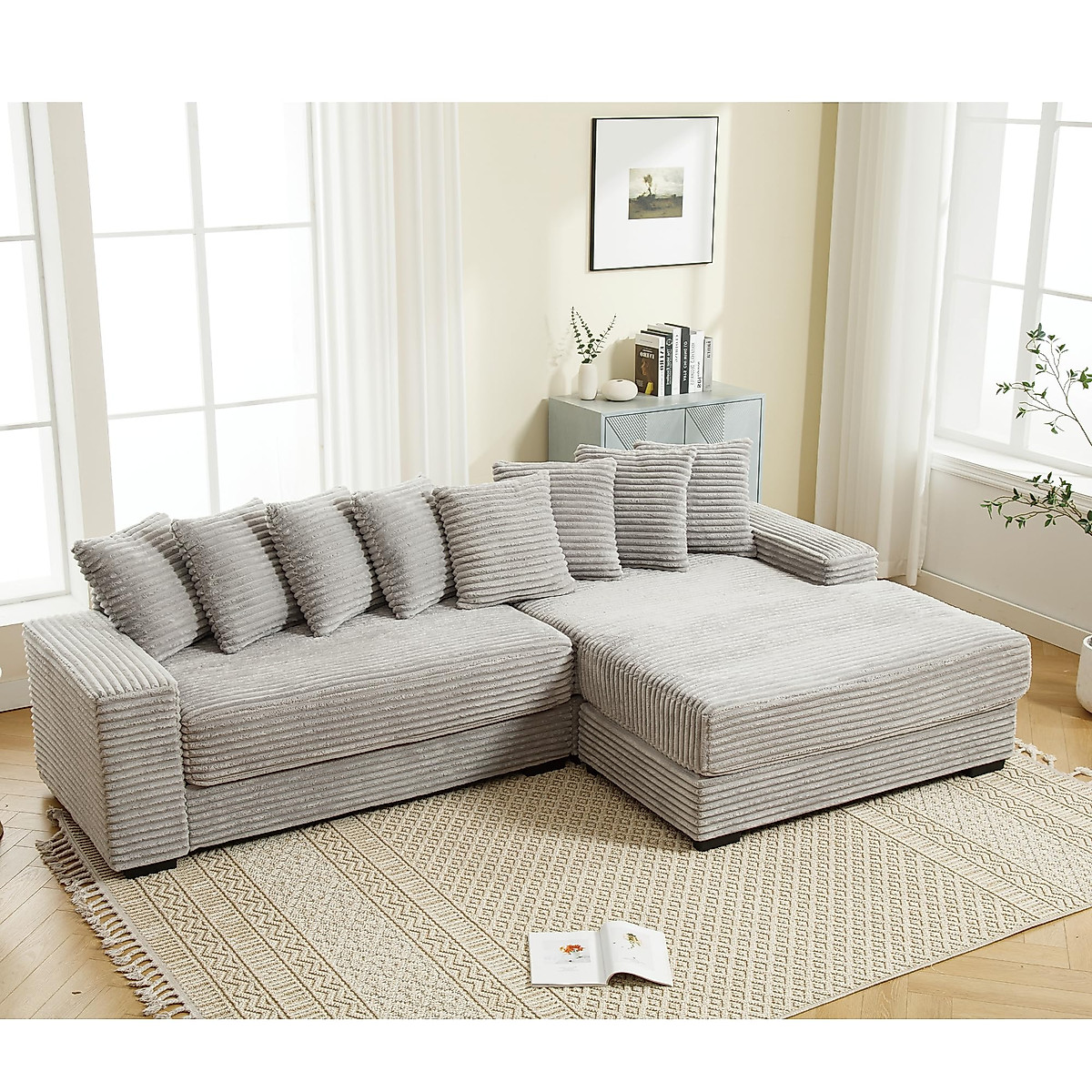 111" L Shape Sofa Couch with 8 Pillows,Comfy Sectional Cloud Couch for Living Room,L-Shaped 3 Seat with Right-Side Chaise,Corduroy Fabric,Grey