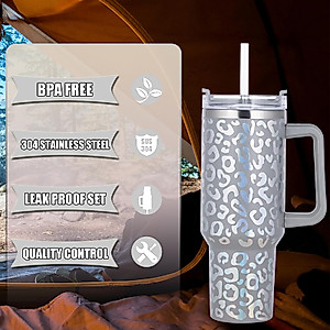 Xereizo 40 oz Tumbler with Handle and Straw, Leak Proof Stainless Steel Insulated Travel Coffee Tumbler Cups Lid and Straw, Iced for 40 Hours Cupholder Friendly Water Bottle Mug, Leopard Print Grey