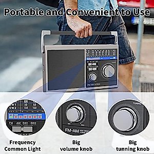 Portable AM FM Radio, Shortwave Transistor Radio with Best Reception, Battery Operated or AC Power Retro Radio with Big Bluetooth Speaker, Earphone Jack USB TF Card AUX Input, for Senior(Gray)
