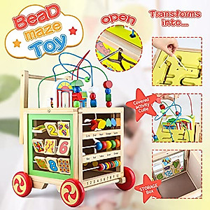 FOPNETS Wooden Toys for 1 2 Year Old Boys Girls Activity Cube Gift Set Developmental Montessori Learning Educational Toys for Toddlers Removable Bead Maze Shape Sorter 6 in 1 First Birthday Gifts