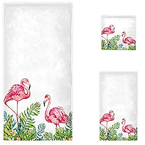 Naanle Tropical Leaves Couple Pink Flamingo Soft Luxury Decorative Set of 3 Towels, 1 Bath Towel+1 Hand Towel+1 Washcloth, Multipurpose for Bathroom, Hotel, Gym, Spa and Beach