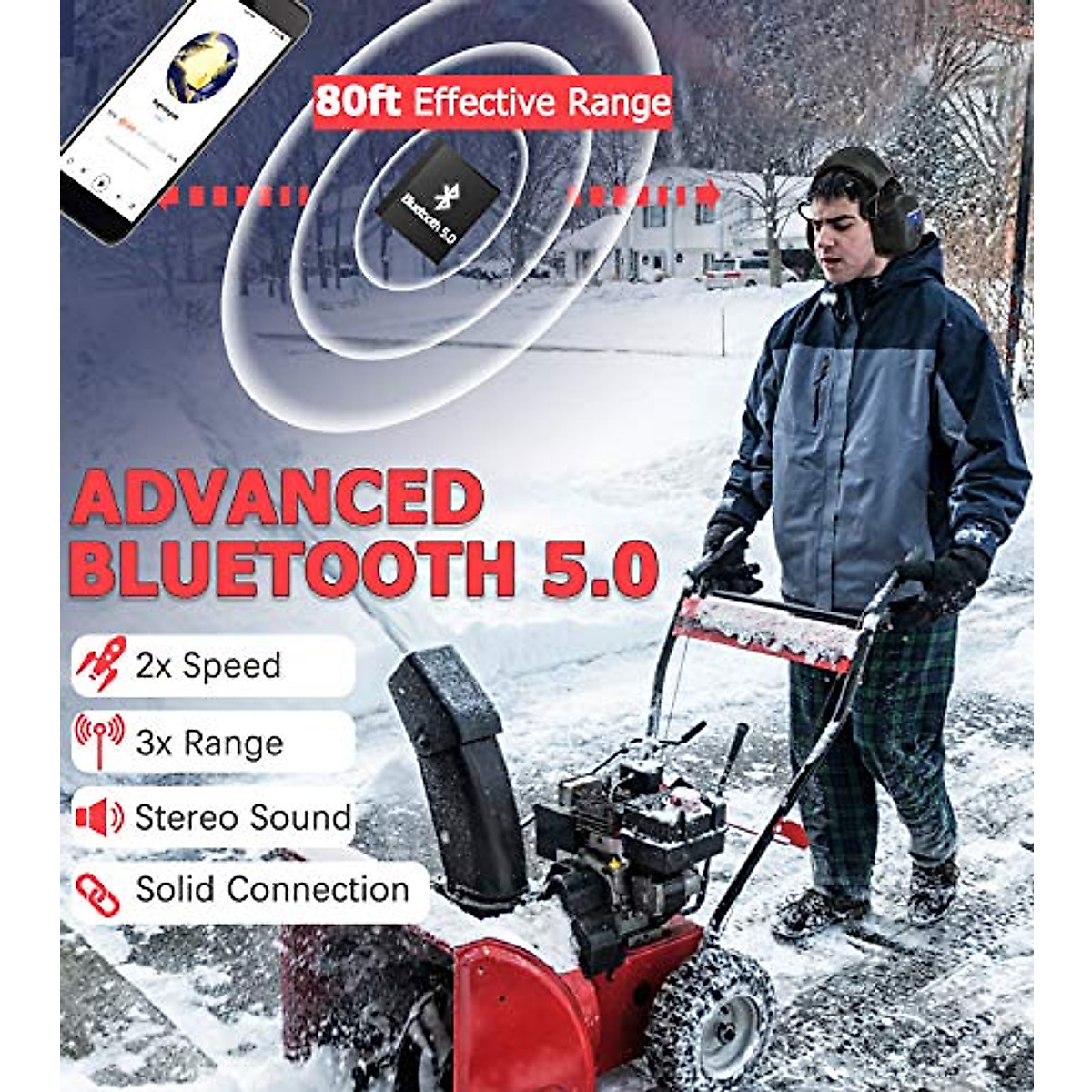 PROHEAR 037 Bluetooth 5.0 Hearing Protection Headphones with Rechargeable 1100mAh Battery, 25dB NRR Safety Noise Reduction Ear Muffs 40H Playtime for Mowing, Workshops, Snowblowing - Black