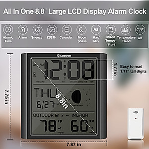 Geevon Digital Atomic Wall Clock,Auto-Set Atomic Clock with Indoor Outdoor Temperature,Calendar,Moon Phase for Home Office Elderly(1 Wireless Outdoor Sensor)