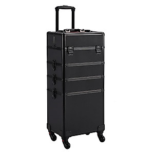 Yaheetech 4 in 1 Professional Makeup Train Case Aluminum Cosmetic Case Rolling Makeup Case Extra Large Trolley Makeup Travel Organizer, with 360° Swivel Wheels, Black