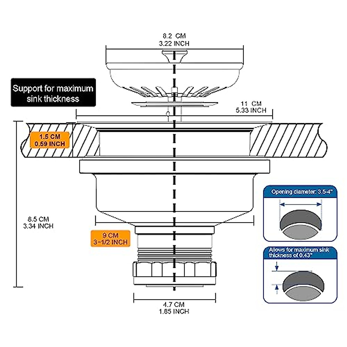 BOTEMY B9173 Kitchen Sink Drain Assembly 3-1/2 inch with Removable Sink Strainer Basket/Stopper 304 Stainless Steel Brushed