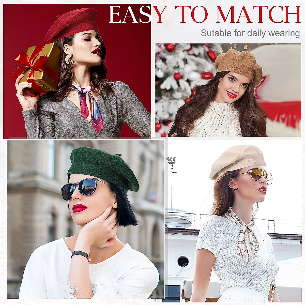 Laumoi 16 Pieces Wool Beret Hat French Style Artist Beanie Beret with Silky Scarf Set for Women, One Size