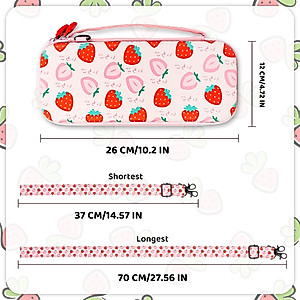 RHOTALL Cute Strawberry Carrying Case for Nintendo Switch, Hard Portable Travel Case for Switch Accessories with Protective Shell, Shoulder Strap, Game Card Case, Screen Protector and 2 Thumb Caps