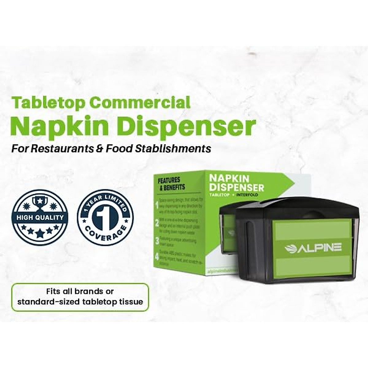 Alpine Tabletop Commercial Napkin Dispenser Restaurant Napkin Holder for Easy Access to Interfold Napkins from Both Sides with an Insert Marketing Space for Restaurants, Cafeterias, Food Trucks, Club