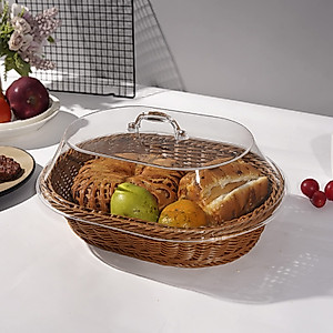 Peohud 13.4'' Imitation Rattan Bread Basket with Acrylic Lid, Natural Oval Wicker Loaf Bread Basket, Woven Food Fruit Vegetables Serving Basket for Tabletop, Restaurant