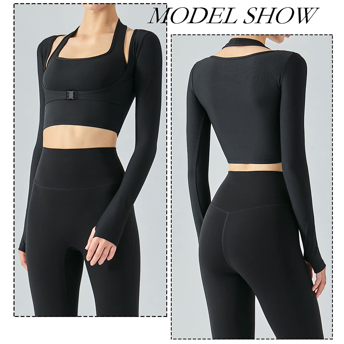 Long Sleeve Halter Crop Top for Women Cutout Sports Shrug Shirt Stretch Slim Fit Workout Tshirt Gym Yoga Tank Top Thumb Hole Running Training Crop Sport Bra Black