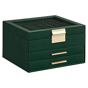 SONGMICS Jewelry Box with Glass Lid, 3-Layer Jewelry Organizer, 2 Drawers, for Big and Small Jewelry, Jewelry Storage, Modern Style, 8 x 9.1 x 5.3 Inches, Forest Green and Gold Color UJBC239C01