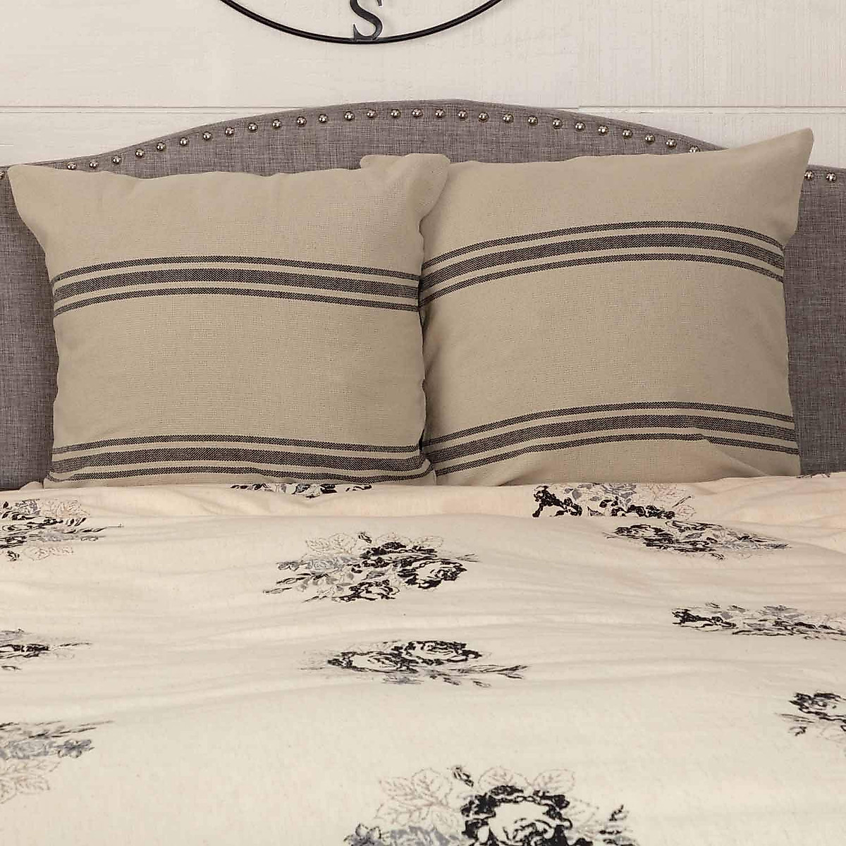 Mill House Stripe Black Euro Pillow Sham, 26 "x 26", Farmhouse Primitive Grain Sack Stripe Woven Bedding, Beige & Black