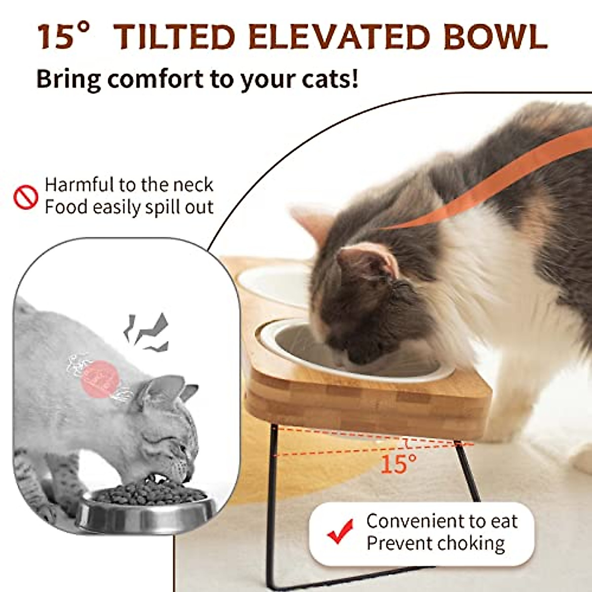 PLUROOF Ceramic Elevated 15°Tilted Cat Bowls, Food and Water Feeding Dishes Bowls, Non-Slip Metal Frame Stand Feeder for Small Size Dogs