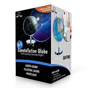 USA Toyz Illuminated Globe of the World with Stand - 3in1 World Globe, Constellation Globe Night Light, and Globe Lamp with Built-In LED, Easy to Read Texts, and Non-Tip Base, 13.5 Inch Tall