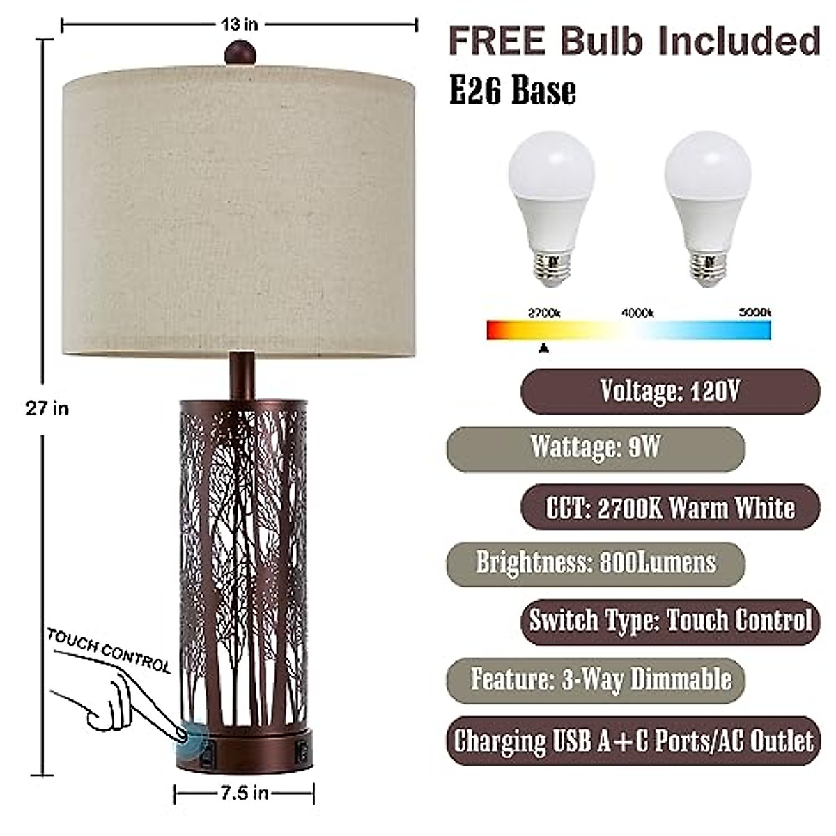 YUNHONG Set of 2 Industrial Table Lamp with USB Ports,Touch Control 3-Way Dimmable Bedroom Lamp, Tree Lamp with White Shade, Brown Metal Forest Lighting for Gothic Bedroom Decor