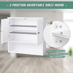 Tangkula Bathroom Wall Cabinet, Wooden Hanging Medicine Cabinet with Double Shutter Doors and Adjustable Shelf, Wall Mounted Bathroom Cabinet with Open Shelf, 26 x 8.5 x 25 Inches, White