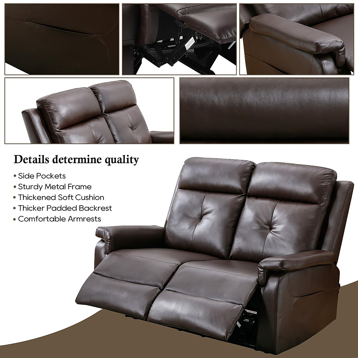 PALLOME Loveseat Recliner, PU Leather Reclining Sofa, 54'' Double Recliner Loveseat with Heat and Massage, RV Theater Seating, Manual Recliner Chair for Living Room (Brown)