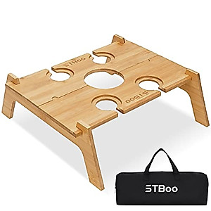 STBoo Outdoor Portable Wine Table, Outside Lightweight Picnic Table with Wine Bottle and 4 Glass Holder, Indoor Snack Wooden Table, Picnic Tray Table for Concerts at Park, Beach, Ideal Wine Lover Gift