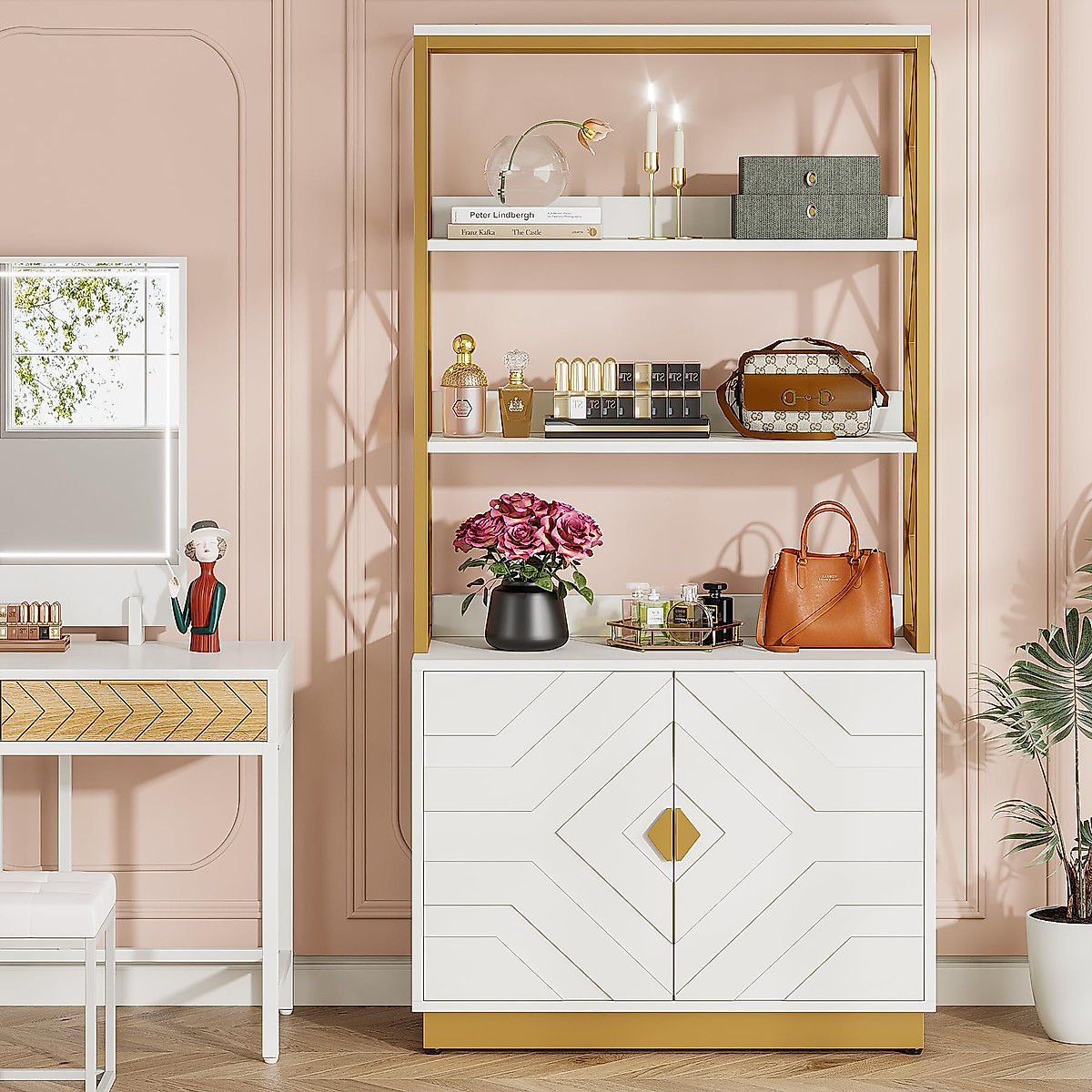 Tribesigns White and Gold Bookshelf with Doors: 70.9 Inches Tall Etagere Bookcase Set of 2, Modern Open Display Book Shelves with Metal Frame for Living Room Bedroom Office