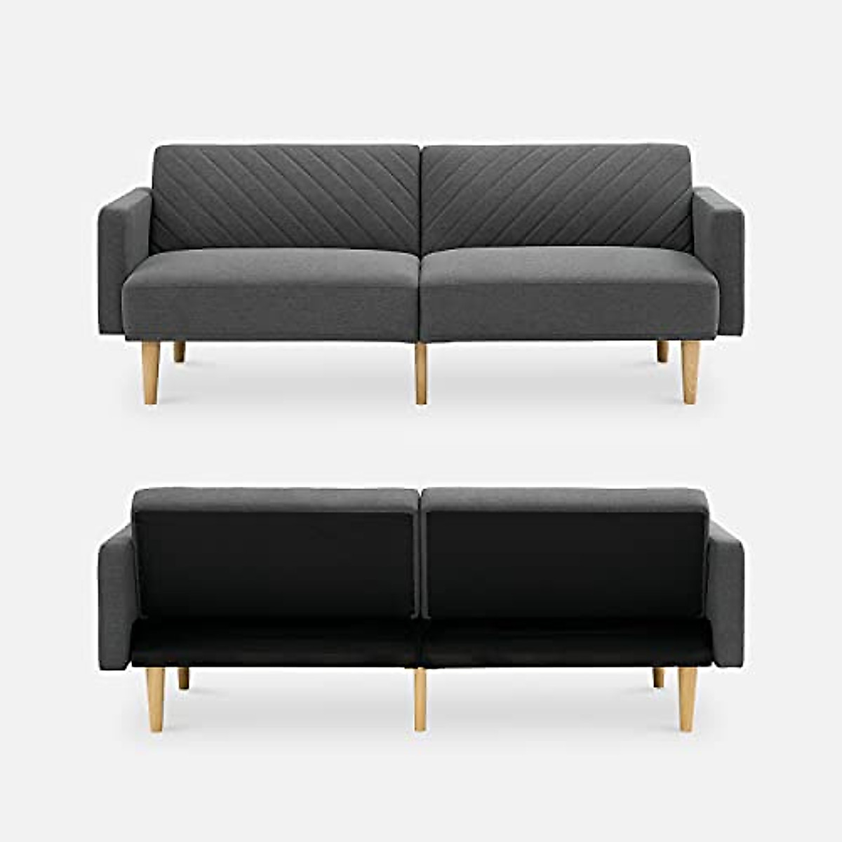 mopio Chloe Futon Sofa Bed, Convertible Sleeper Sofa with Tapered Wood Legs, 77.5" W, Small Splitback Sofa for Living Room Dark Gray Fabric, Twin