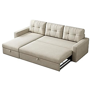 Ball & Cast 81.5" L-Shaped Convertible Sleeper Sofa, Upholstered Sectional Couch Pull Out Sofa-Bed with Storage Chaise & Removable Back Cushions, Beige