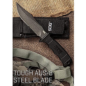SOG Fixed Blade Knives - Seal Pup Tactical Knife Survival Knife and Hunting Knife w/ 4.75 Inch Blade and MOLLE Knife Sheath & GRN Grip (M37N-CP) , black