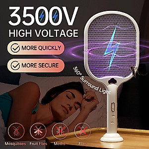 Electric Fly Swatter Racket 3500V buzzkick Bug Zapper Racket Dual Modes Mosquito Killer with Purple Mosquito Light Rechargeable for Indoor Home Office Backyard Patio Camping