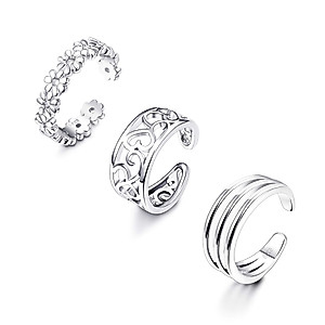 MILACOLATO 3Pcs 925 Sterling Silver Toe Rings for Women 18K White Gold Plated Daisy Cuff Band Open Toe Rings Adjustable Toe Rings Summer Beach Foot Jewelry