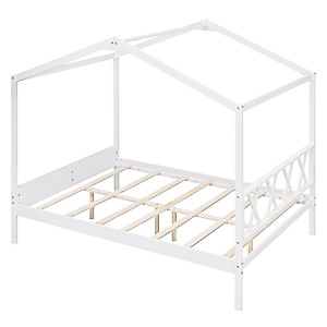 Full House Bed for Kids Montessori Bed with Headboard and Storage Footboard Wood Platform Bed Frame White House Beds for Girls Boys Teens Adults, Full Size, White