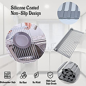 Neholef Roll-Up Dish Drying Rack, Over The Sink Multipurpose Dish Drainer Rack, Heat-Resistant Anti-Slip Silicone Coated Dish Rack for Kitchen Sink Countertop