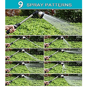 ESOW Garden Hose Wand 16 Inches, Watering Sprayer Wand with 9 Watering Patterns, 180° Adjustable Swivel Head, 100% Heavy Duty Metal Hose Nozzle, Thumb Control On Off Valve