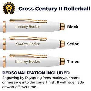 Dayspring Pens Engraved Cross Pen | Personalized Cross Century II Pearlescent White Lacquer Rollerball Pen. Custom Engraving Shipped in One Business Day.