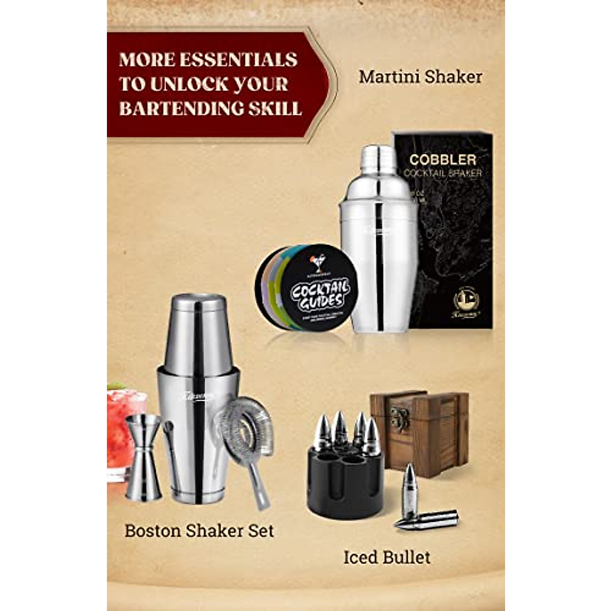 KITESSENSU Cocktail Shaker, 18oz Martini Shaker with Strainer, Premium 18/8 Stainless Steel Cobbler Drink Shaker, Recipes Booklet Included