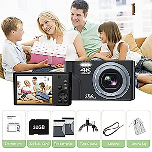 Digital Camera, FHD 4K Digital Camera for Kids & Adult, 48MP Vlogging Cameras for Photography, Small Compact Point and Shoot Digital Camera with 32GB SD Card for Beginners,Kids and Teens-Black