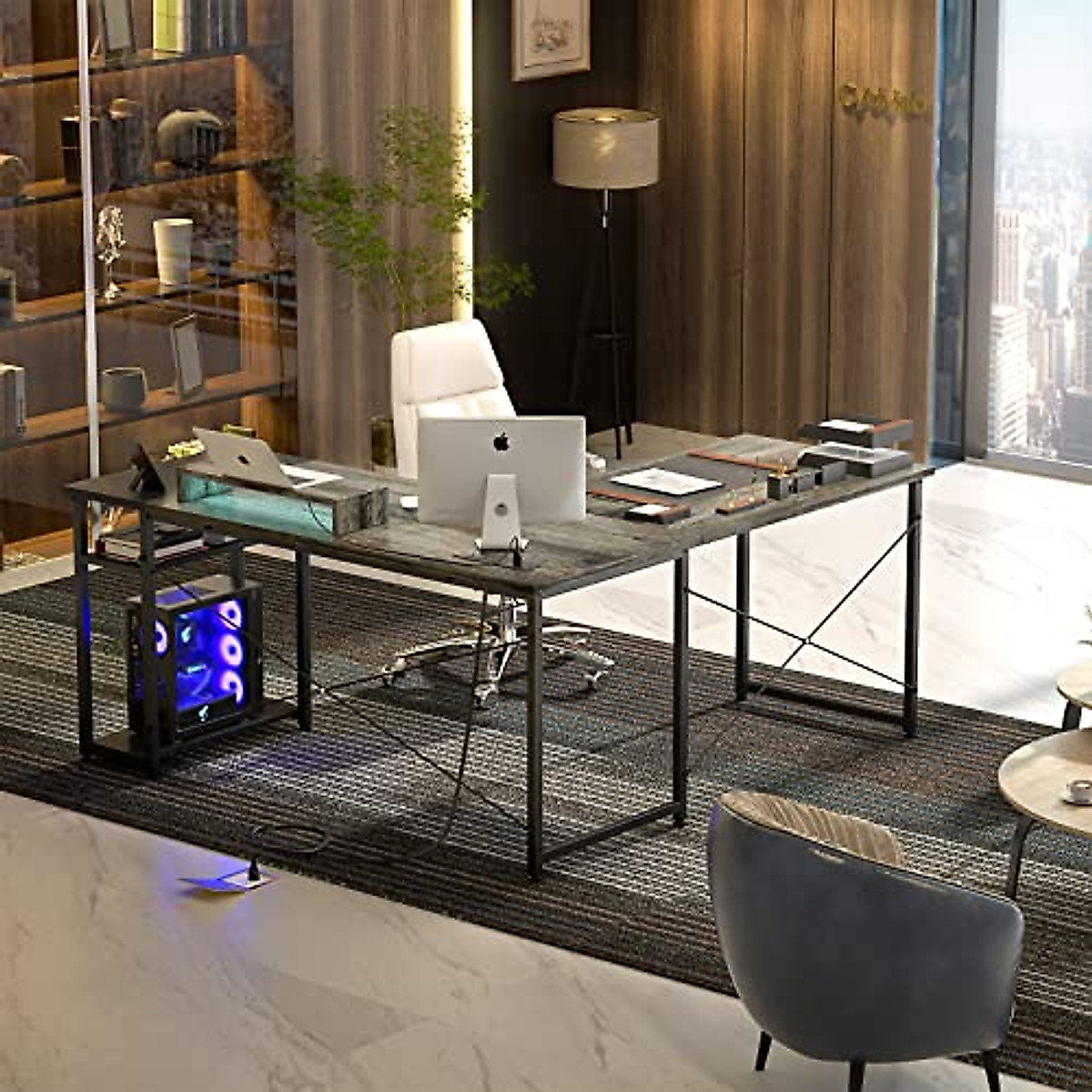 Cyclysio L Shaped Desk with Power Outlets and USB Ports, Reversible L Shaped Gaming Computer Desk with LED Light, 83.5'' Large 2 Person Desk with Monitor Stand, L-Shaped Corner Desk, Grey and Black