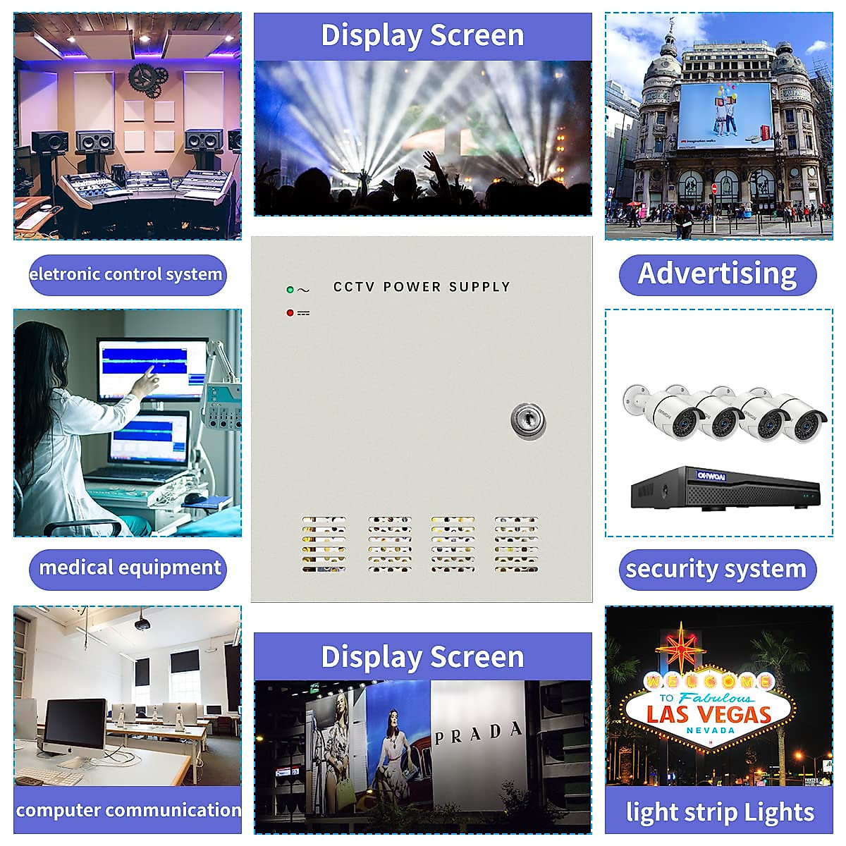 18 Channel 20 Amp Power Supply Box for Security Camera 12V DC AC Plug and Lock for DVRs, IP Cameras, CCTV Camera