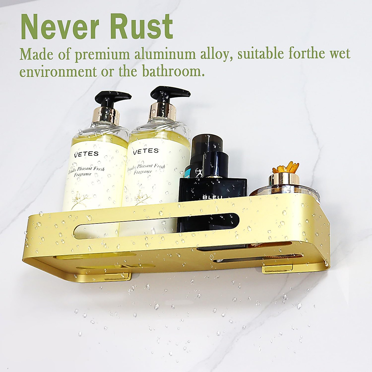 Baolihua Shower Caddy 2 Pack, with Soap Holder and 4 Hooks, Aluminum Bathroom Organizer Never Rusts，No Drilling Shower Rack for Bathroom，Golden.