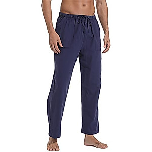 AITFINEISM Men's Casual Cotton Linen Pants Elastic Waist Lightweight Drawstring Summer Pants (42-44, B-Navy)
