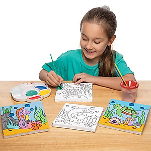 Baker Ross AT940 Sealife Color in Pictures for Kids - Pack of 4, Kids Canvases for Painting, Coloring and Craft Project Displays