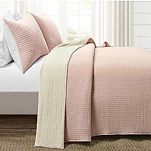 Lush Decor Solid Kantha Pick Stitch Yarn Dyed Cotton Woven 3 Piece Quilt/Coverlet Set, King, Blush