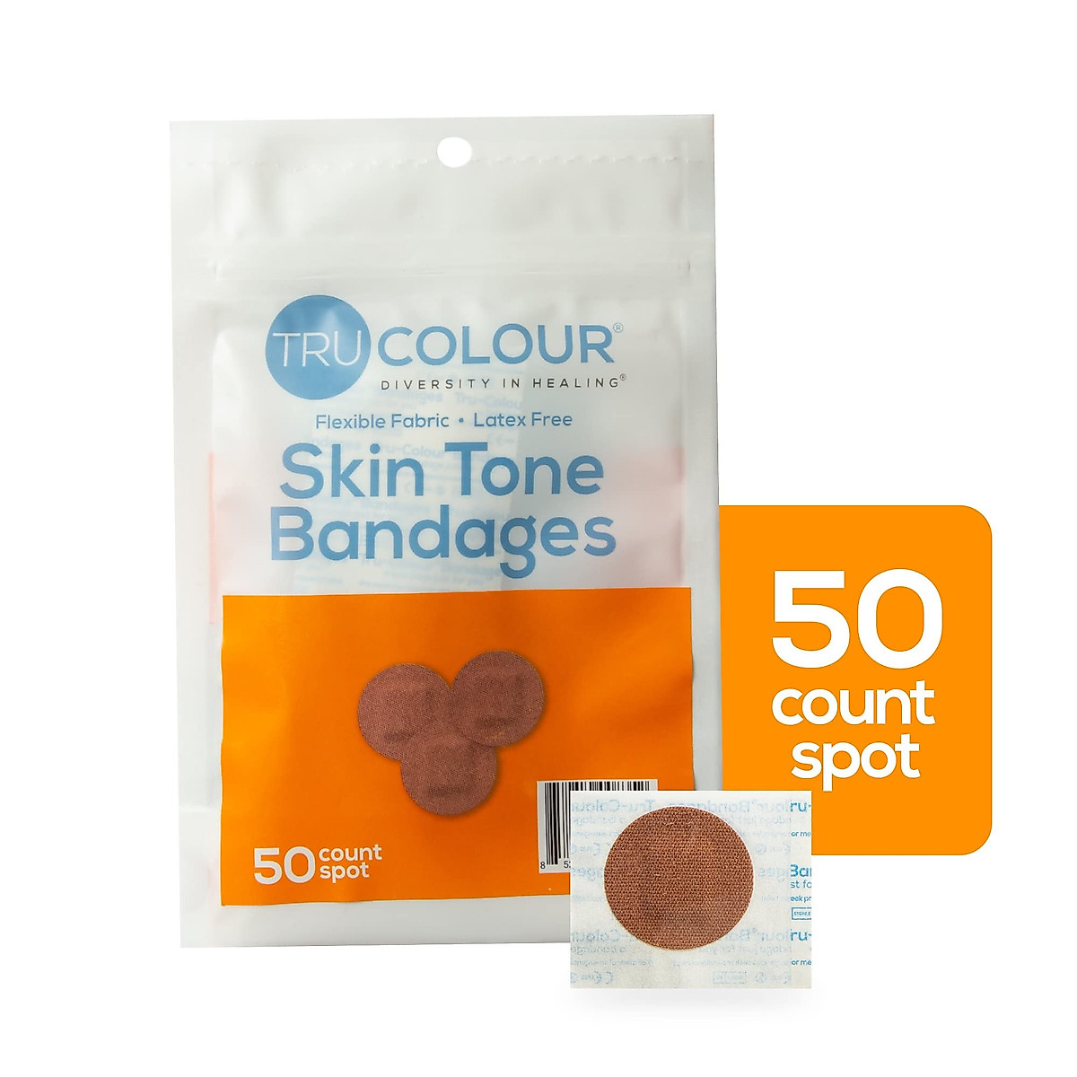 Tru Colour - Spot Bandages, Flexible Fabric Adhesive Bandages, Brown Skin Tone Shade, Orange Bag, 50 Count