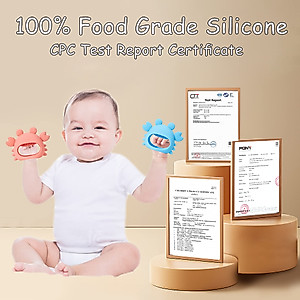 Never Drop Teething Toys for Babies, Baby Mitten Silicone Teether for Soothing Teething Pain Relief, Baby Chew Toys for Sucking Needs (Crab Pink)