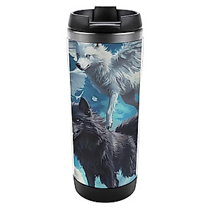 Wolf with Wings Under Moon Travel Coffee Mug Reusable Insulated Drinking Cup with Lid for Home Outdoor Works 13 Oz