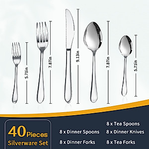 40 Piece Silverware Set for 8, Premium Stainless Steel Flatware Set, Mirror Polished Flatware Set, Durable Household Kitchen Flatware Set, Includes Fork Knife Spoon Set, Dishwasher Safe