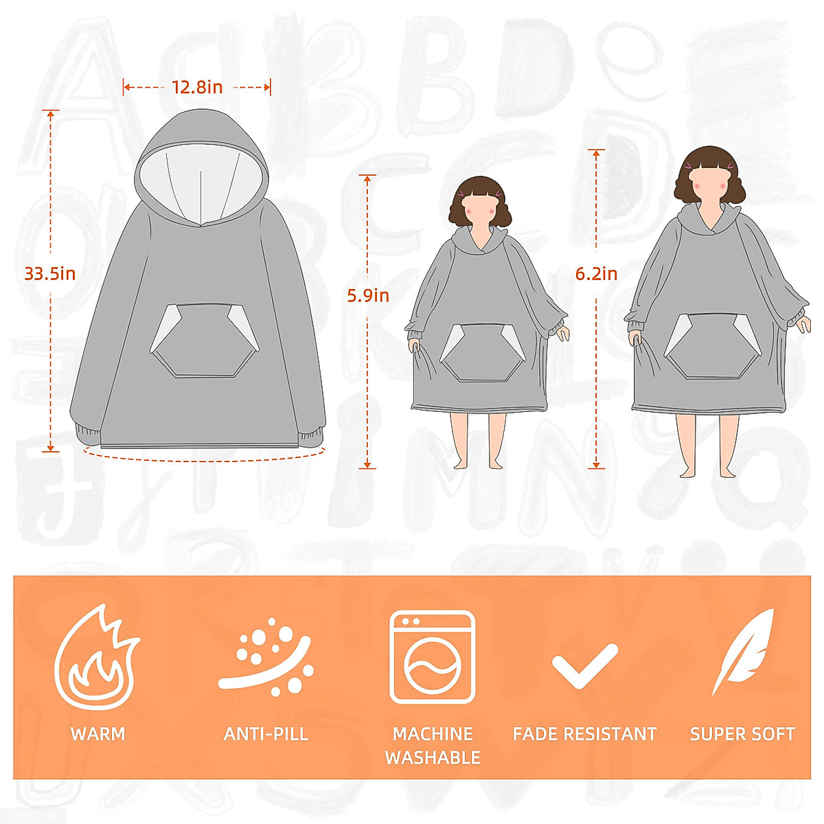 Ramees Wearable Blanket Hoodie for Kids, Sherpa Oversized Sweatshirt Blanket Flannel with Hood Pocket and Sleeves (Grey)