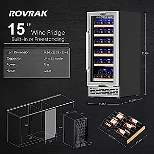 ROVRAk Wine Cooler Refrigerator 15 Inch 32 Bottle, Frost Free with Digital Temperature Control, Compressor Wine Cooler for Built-in or Freestanding